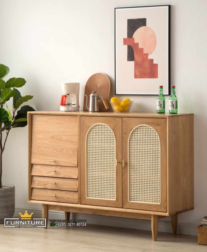 Bufet Minimalis Kayu Jati Kombinasi Rotan | Toko Mebel Jati